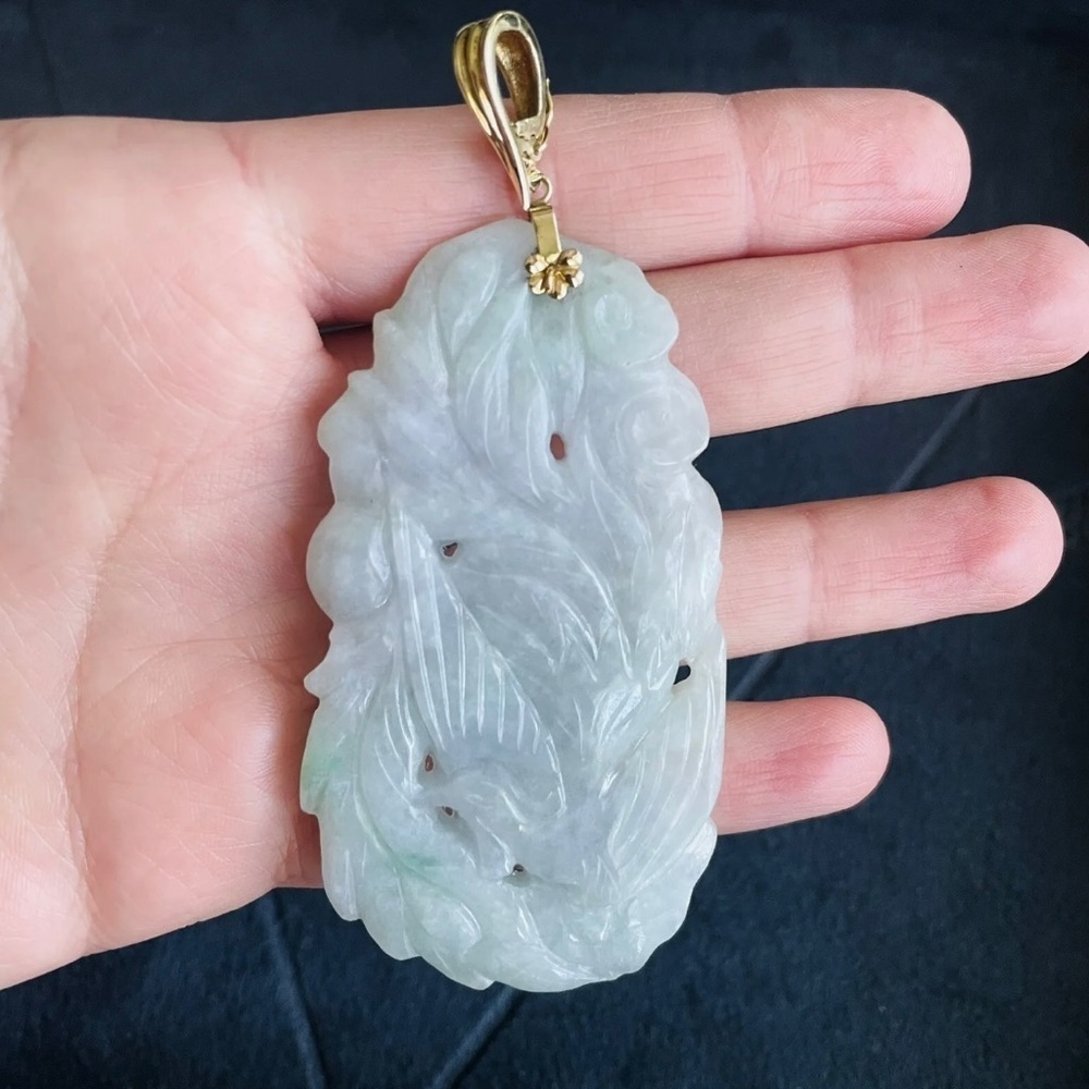 14k Gold Huge Carved Jade Phoenix 2 Sided Pendant Ant… - Gem